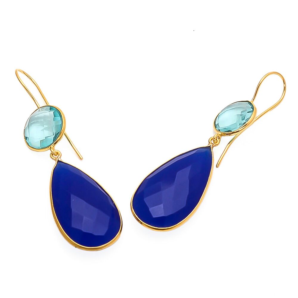 Vergulde oorbellen gezet met blauw Topaas en blauw Chalcedoon | Goud Vergulde Oorbellen