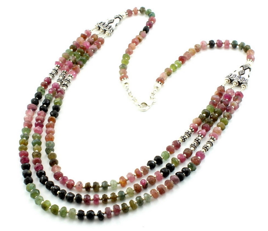 Zilveren ketting en drie strengen Toermalijn | Zilveren Edelsteen Kettingen