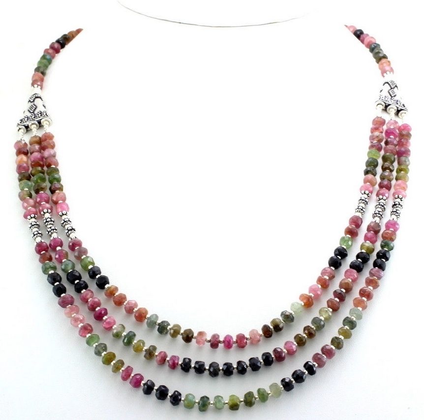 Zilveren ketting en drie strengen Toermalijn | Zilveren Edelsteen Kettingen